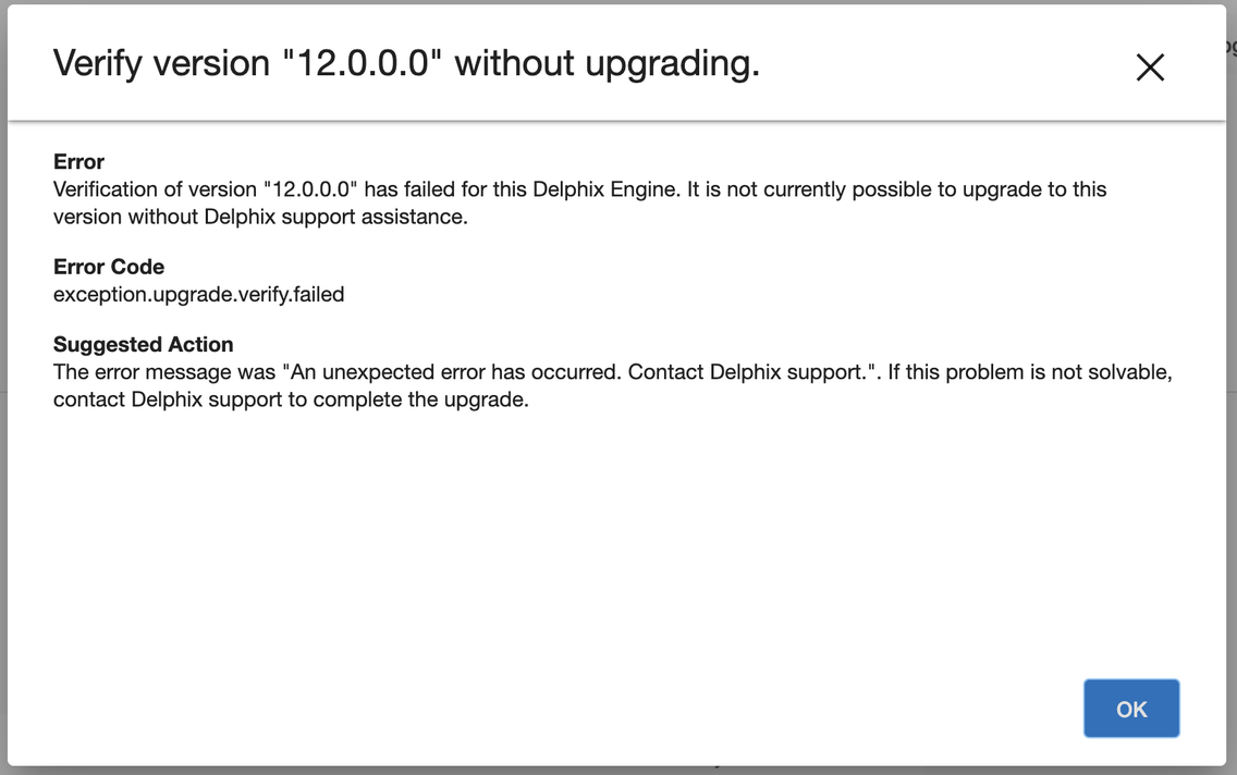 Resolving a Failed Upgrade Verification for Version 12.0.0.0 Due to a Detached Oracle dSource ...